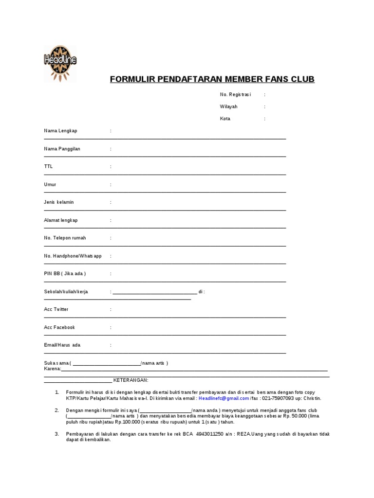 Formulir Pendaftaran Member Fans Club | PDF