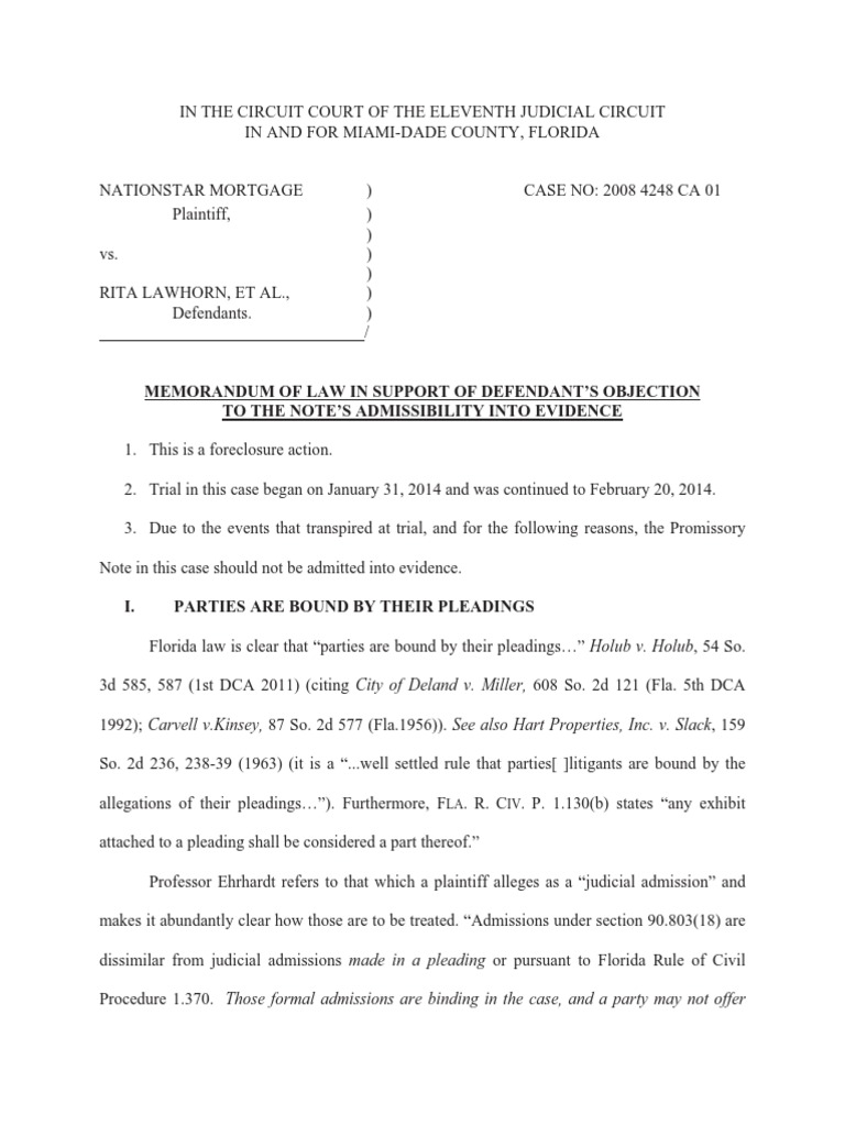 Memo in Opp To Note Coming Into Evidence | PDF | Pleading | Complaint