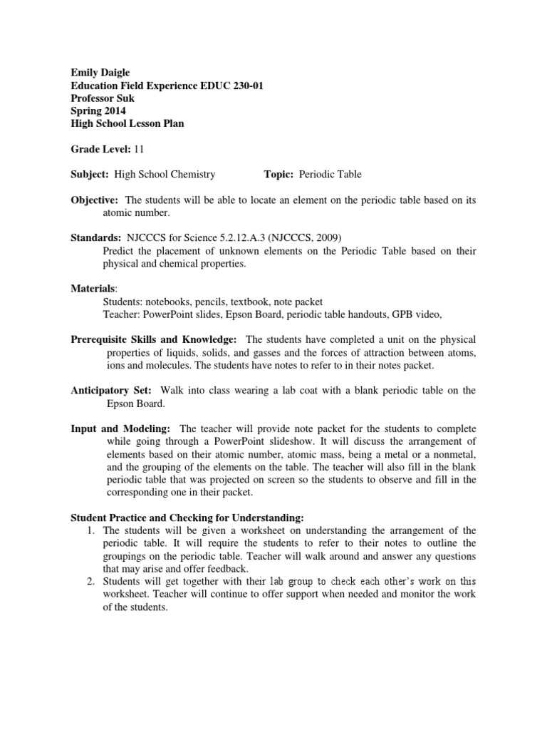 Lesson Plan 1 | PDF | Periodic Table | Lesson Plan