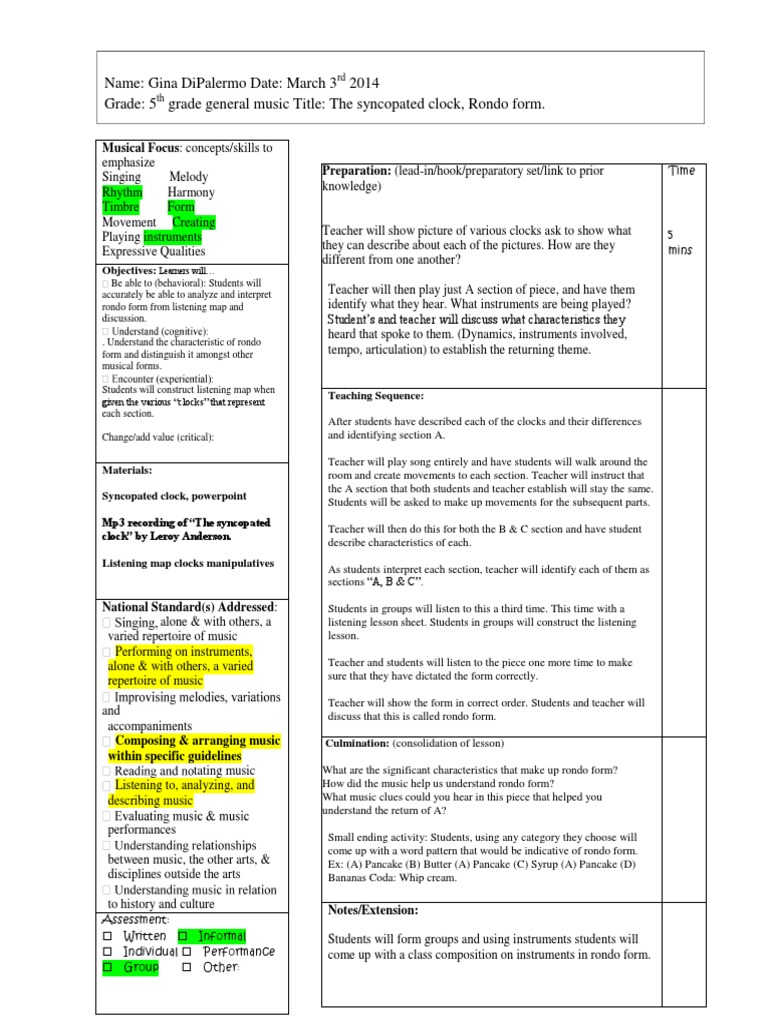 Syncopated Clock Listening Lesson | PDF | Musical Forms | Musical ...