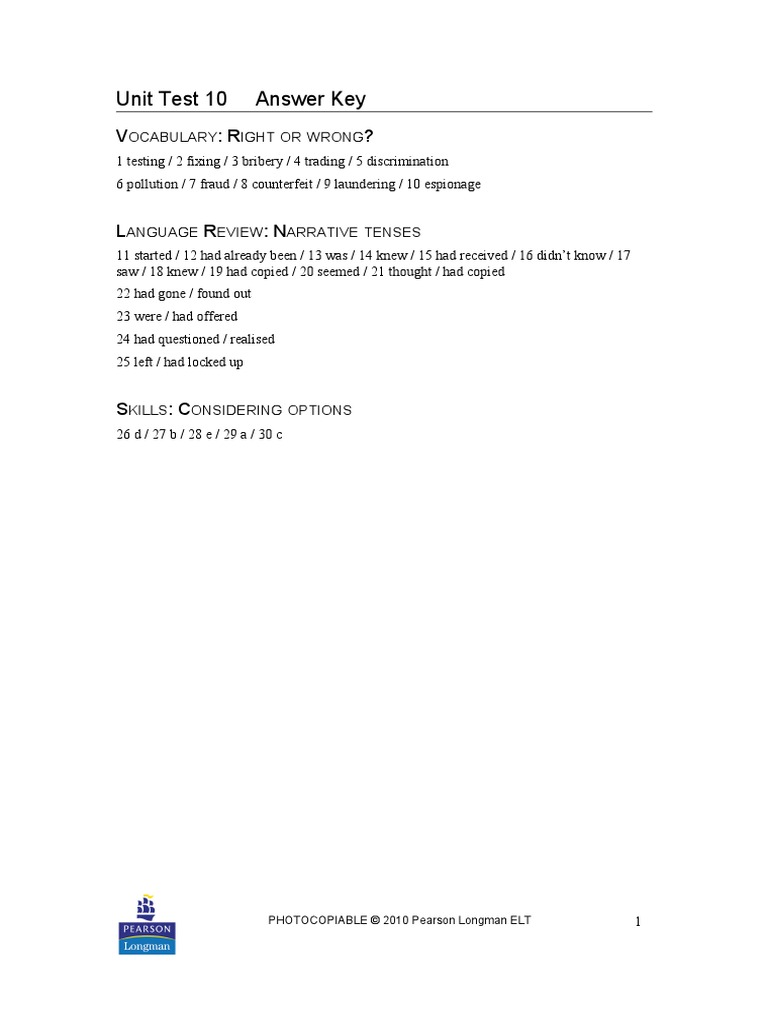 Unit Test 10 Answer Key | PDF