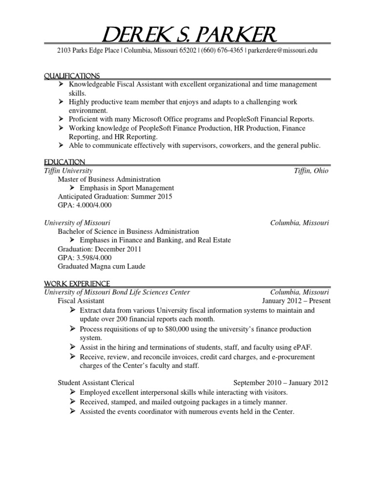 Derek S. Parker: Fiscal Assistant Resume | PDF | Career & Growth | Business