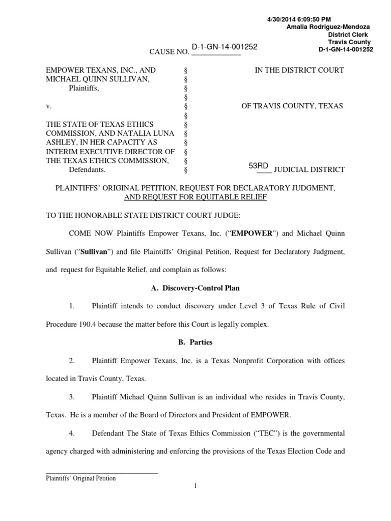 Original Petition Request For Declatory Judgment and Request For ...