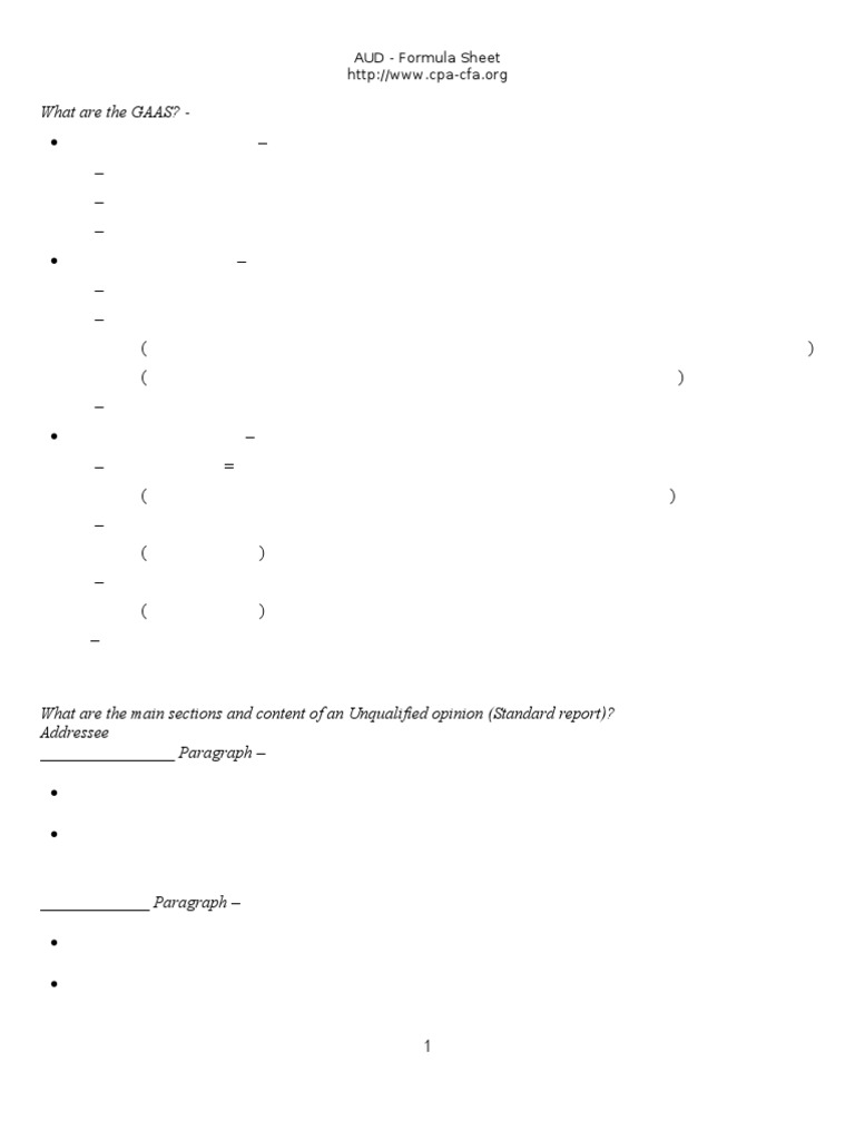 Formula Sheet Mini Test AUD | PDF | Internal Control | Audit