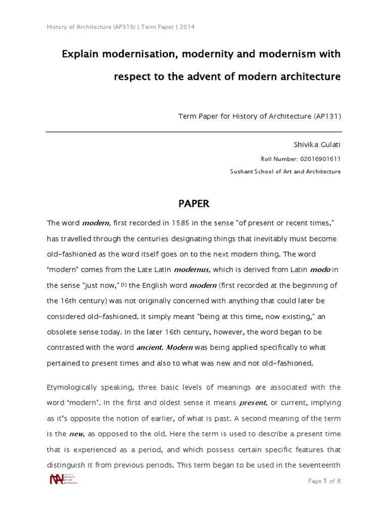 Defining Modernisation, Modernity and Modernism With Respect To The ...