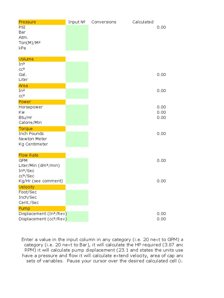 Hydraulic Conversions + Calculations Excel | PDF | Horsepower ...