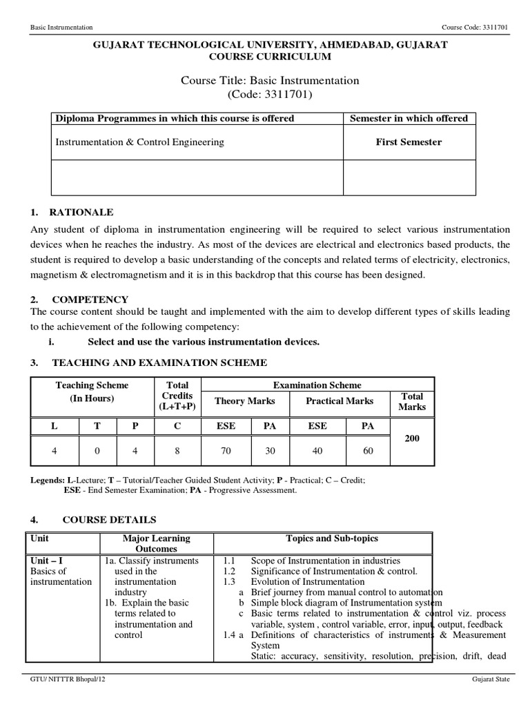 Basic Instrumentation Course Syllabus | PDF | Instrumentation | Rectifier