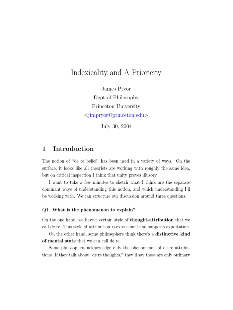 Indexicality and A Prioricity: James Pryor Dept of Philosophy Princeton ...