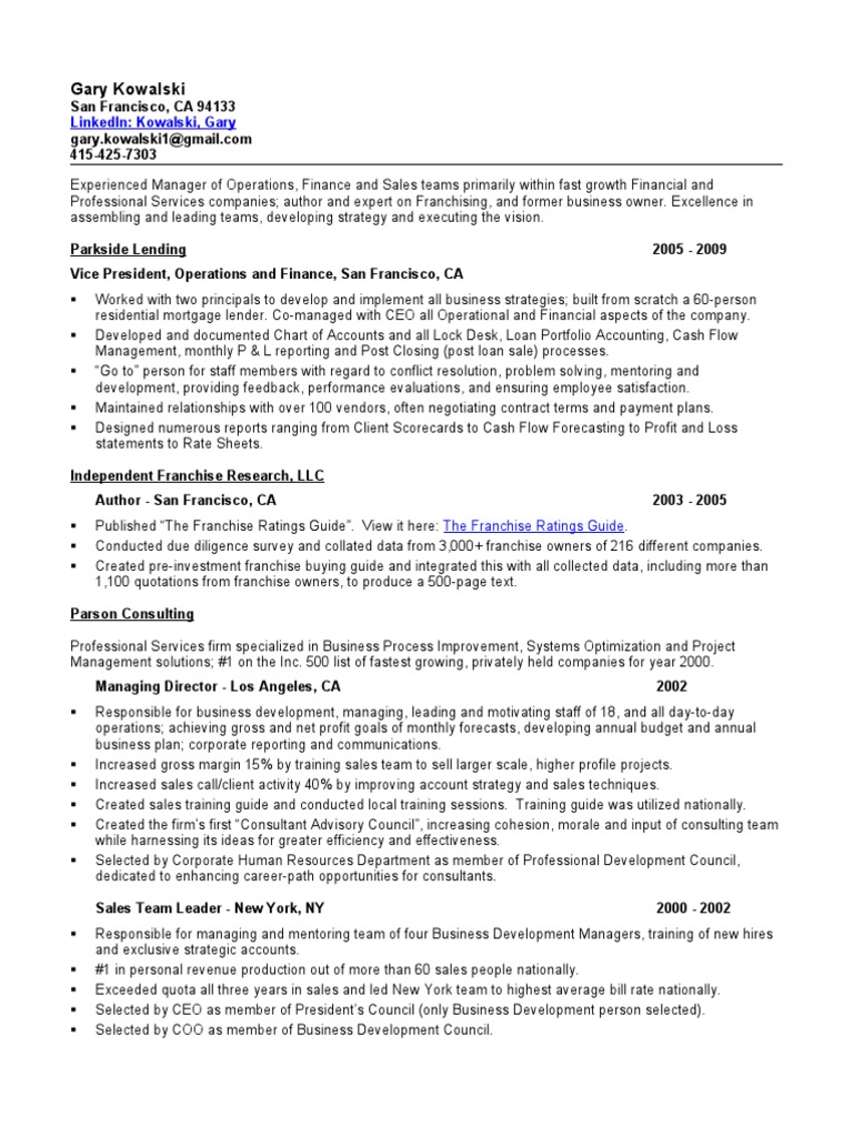Resume - Kowalski, Gary | PDF | Franchising | Loans