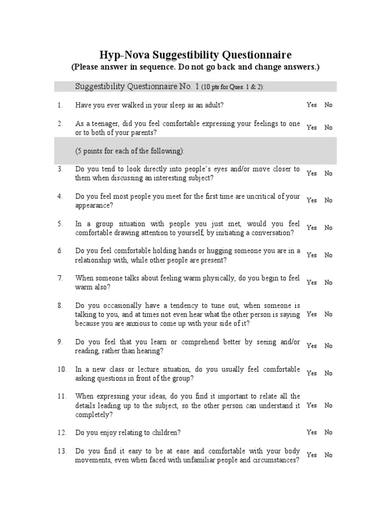 Hyp-Nova Suggestibility Questionnaire: (Please Answer in Sequence. Do ...