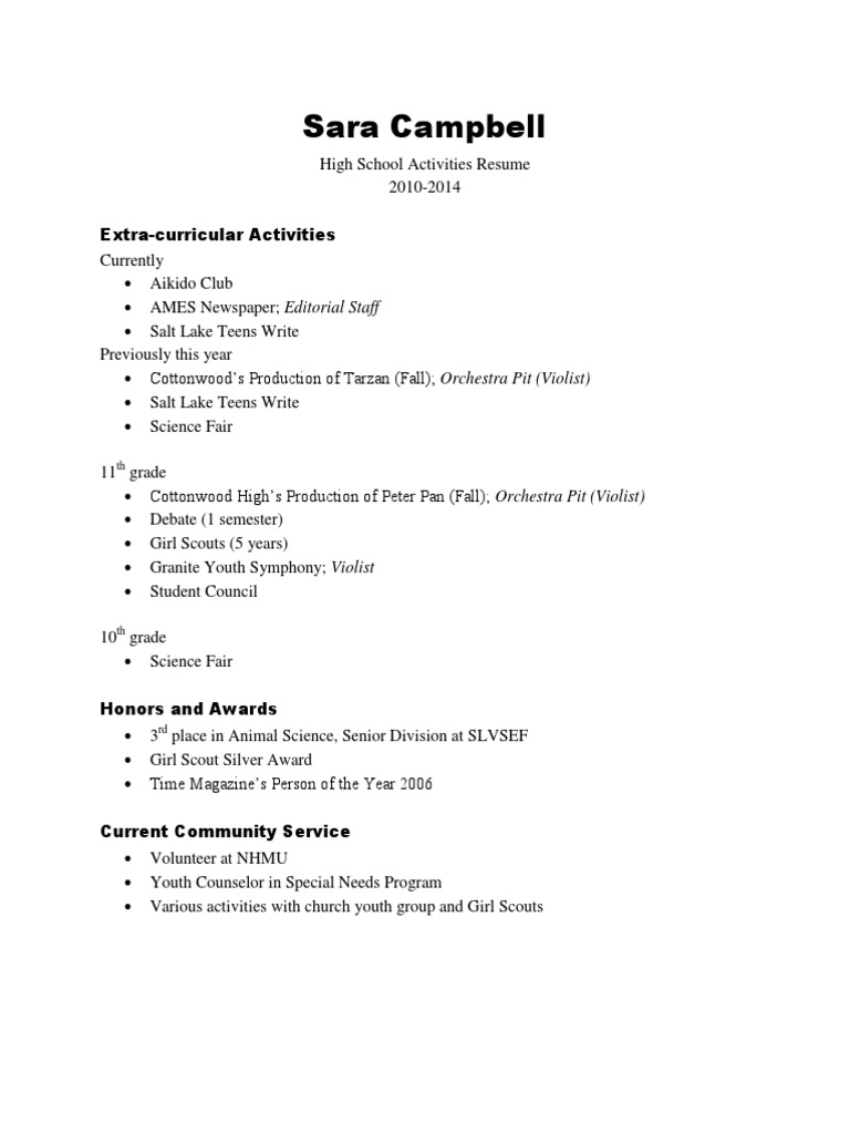 Sara Campbell's High School Activities Resume | PDF