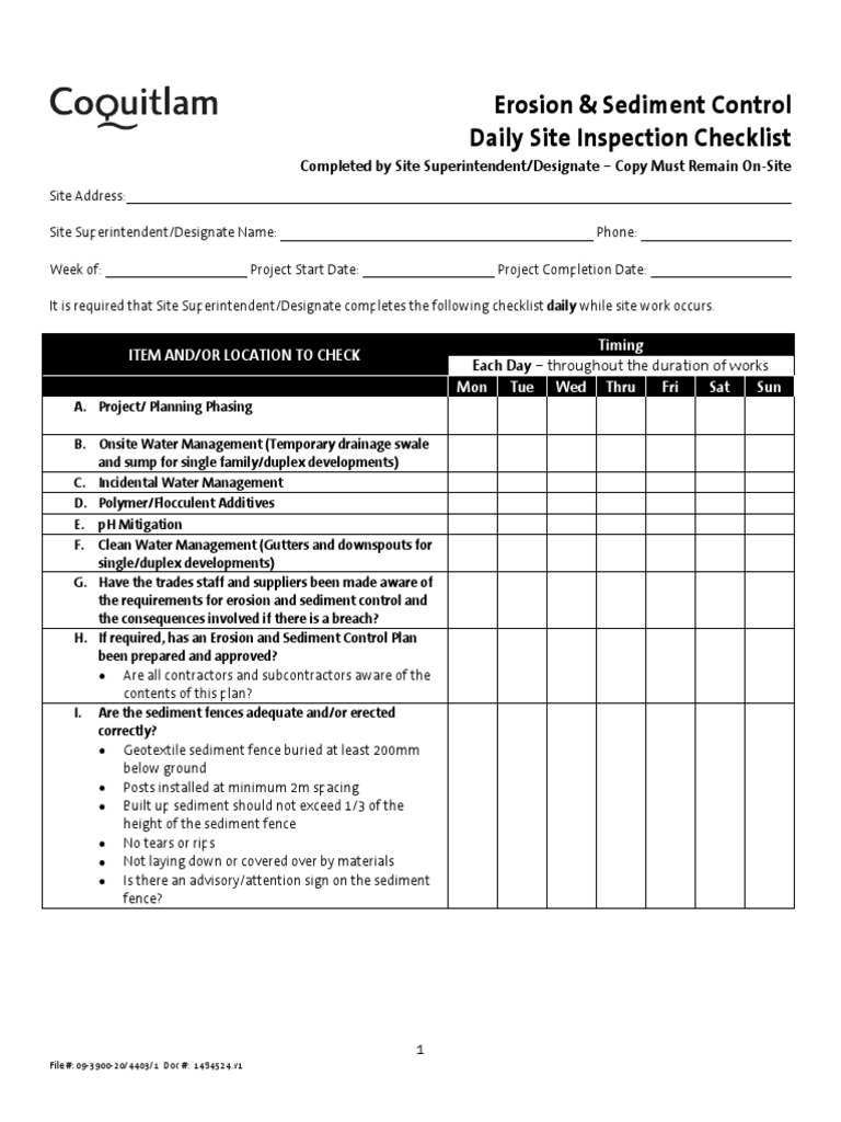 Daily Site Inspection Checklist for Erosion & Sediment Control | PDF ...