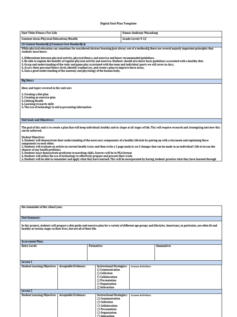Digital Unit Plan Template 1 | PDF | Physical Fitness | Physical Education