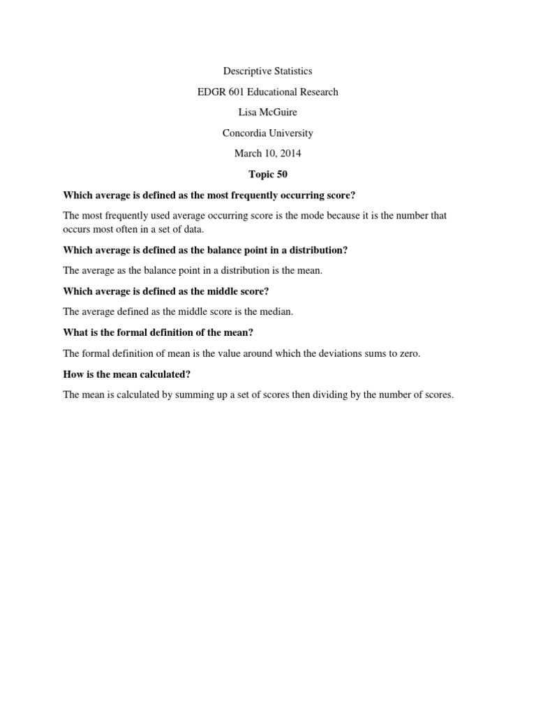 Lisa McGuire Descriptive Statistics Assignment Week 2 | PDF | Mean ...