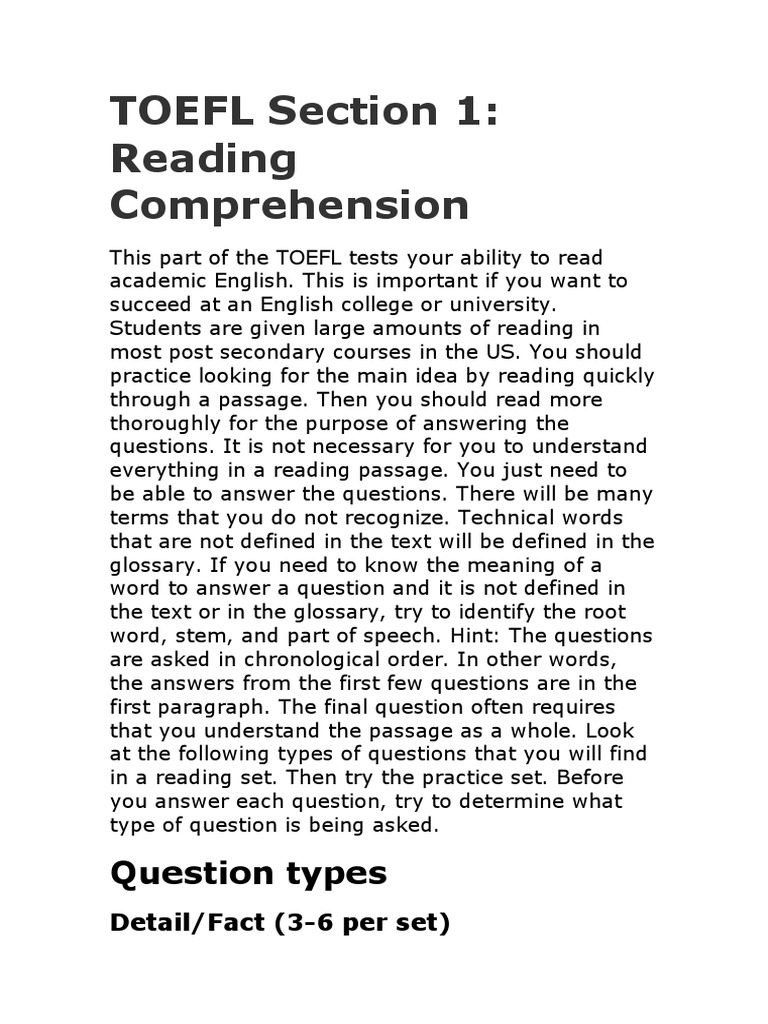 TOEFL Questions Types | Download Free PDF | Question | Reading (Process)