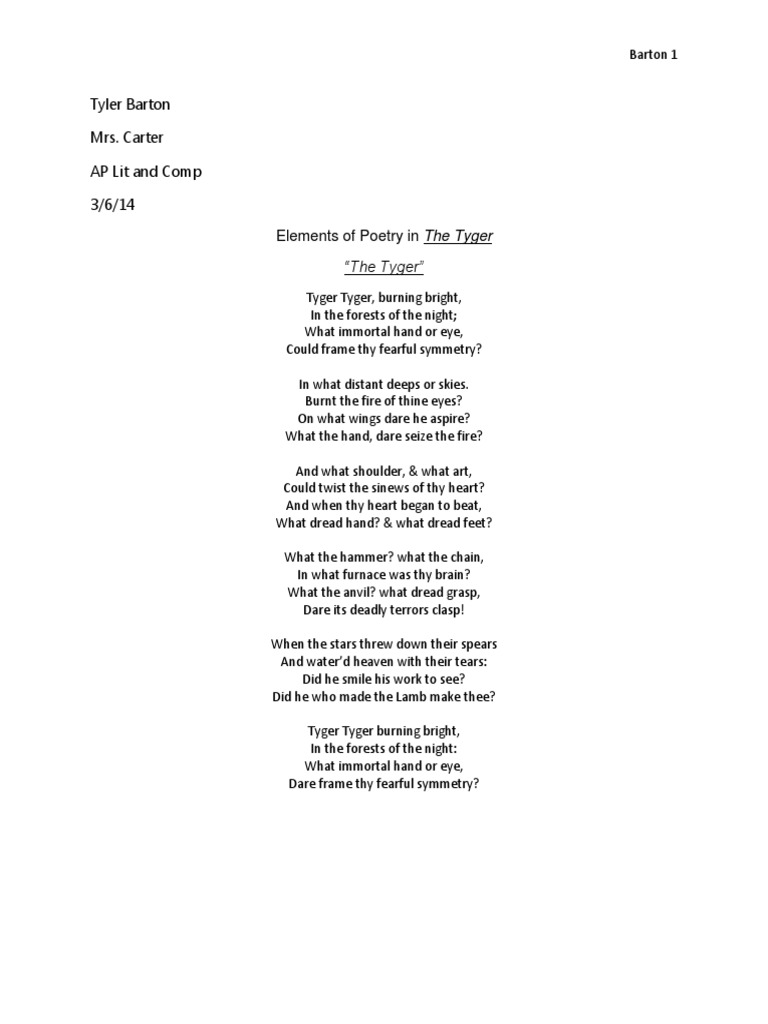 Tyler Barton Mrs. Carter AP Lit and Comp 3/6/14 Elements of Poetry in ...