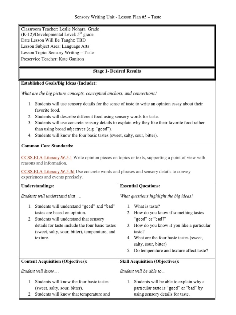 Lesson Plan 5 - Taste | Download Free PDF | Taste | Perception