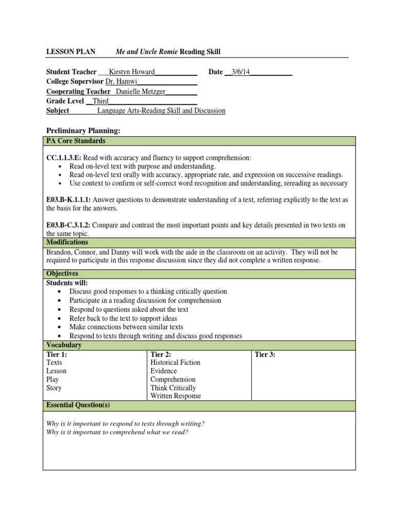 Me and Uncle Romie Lesson Plan | PDF | Reading Comprehension | Applied ...