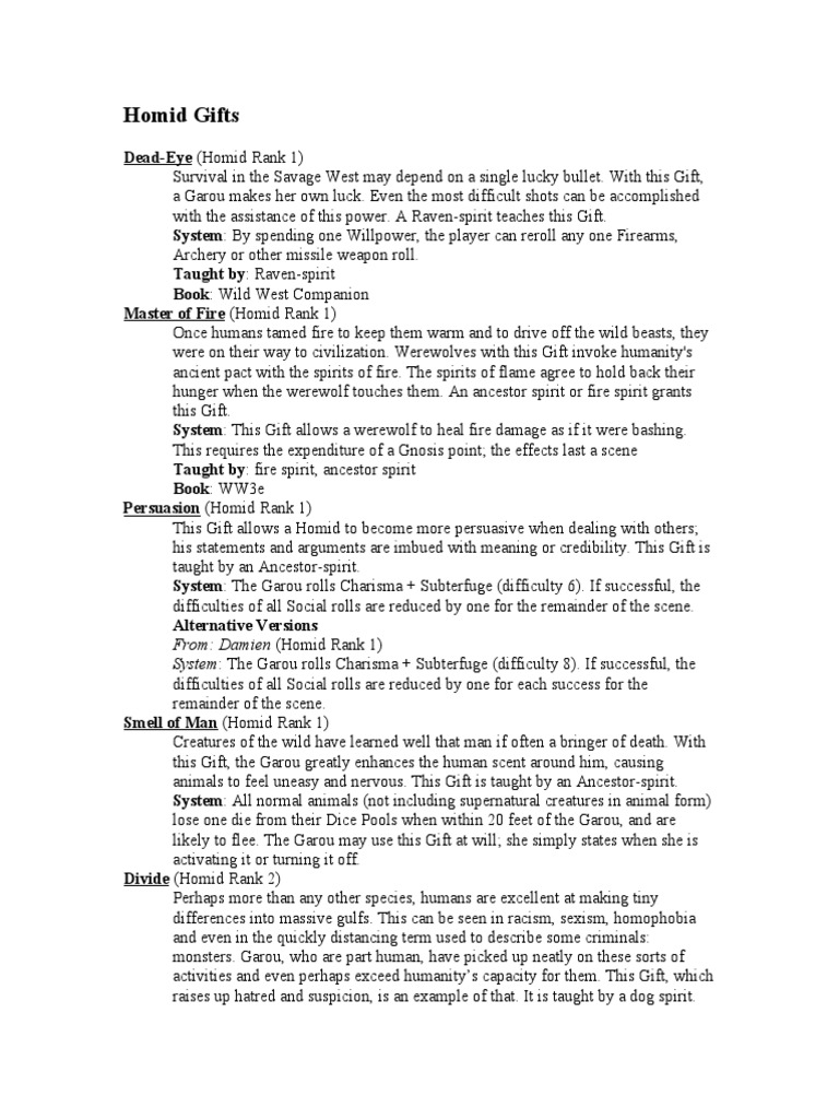 Homid Gifts for Werewolf Characters | PDF | Gray Wolf