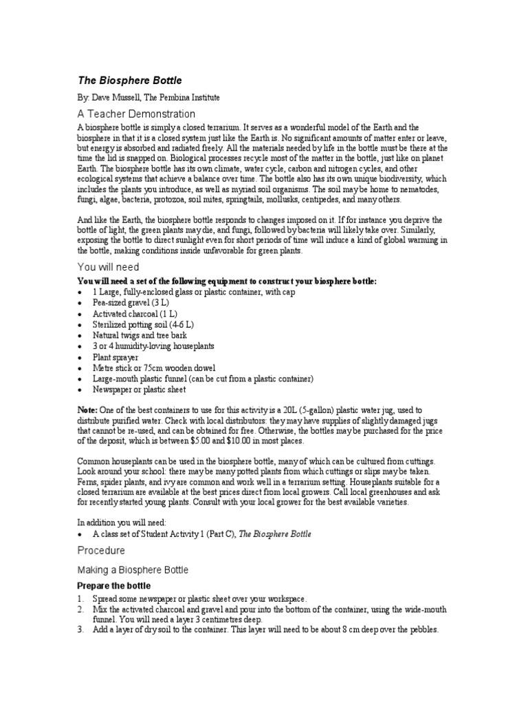 A Teacher Demonstration: The Biosphere Bottle | PDF | Atmosphere Of ...