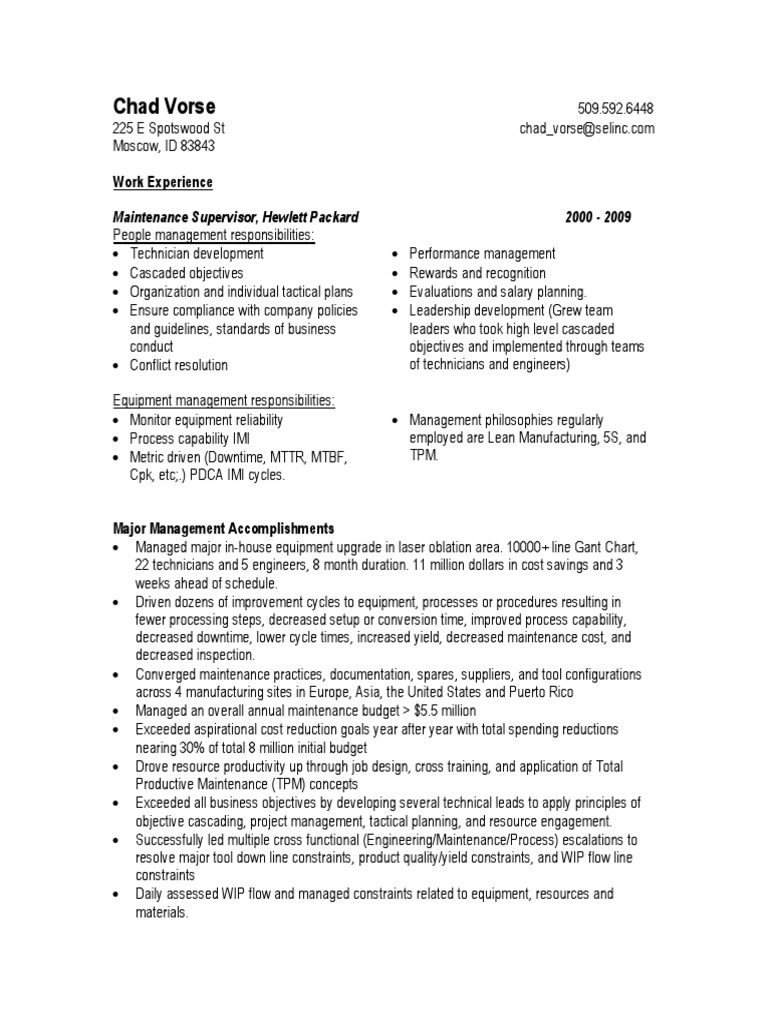 Chad Vorse Resume All | PDF | Reliability Engineering | Leadership