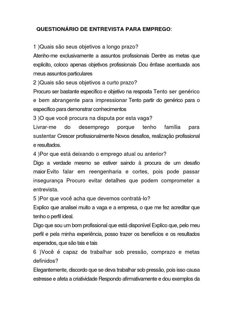 Questionário de Entrevista para Emprego | PDF | Entrevista | Emprego