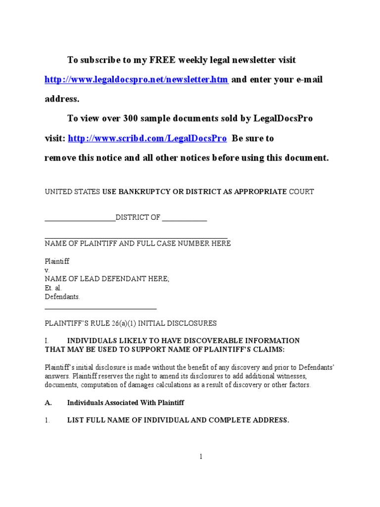 Plaintiff's Rule 26(a)(1) Disclosures Sample | PDF | Discovery (Law ...