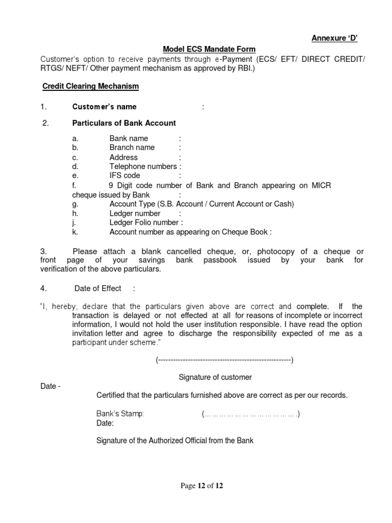 Model ECS Mandate Form: Customer's Option to Receive Payments Through ...