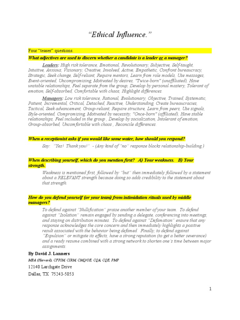 "Ethical Influence.": Four "Teaser" Questions | PDF | Psychology ...