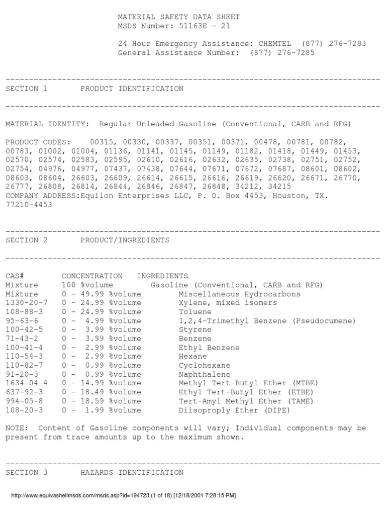 Equilon Enterprises LLC - Regular Unleaded Gasoline | PDF | Benzene ...