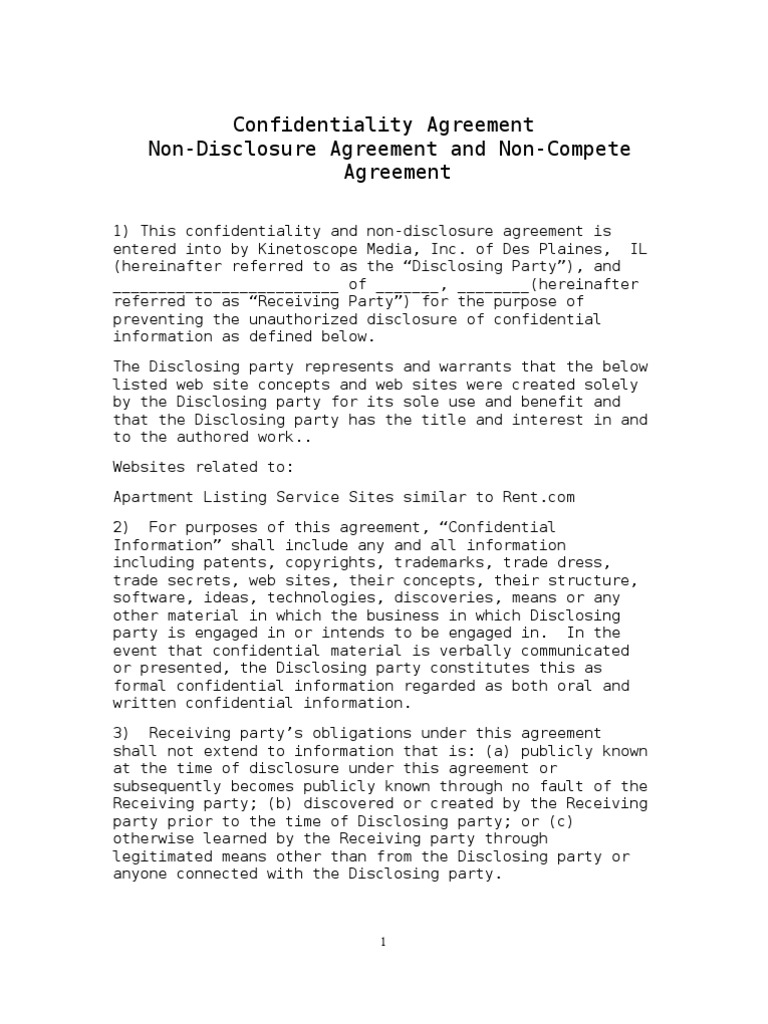 Confidentiality and Non-Compete Agreement | PDF | Non Disclosure ...