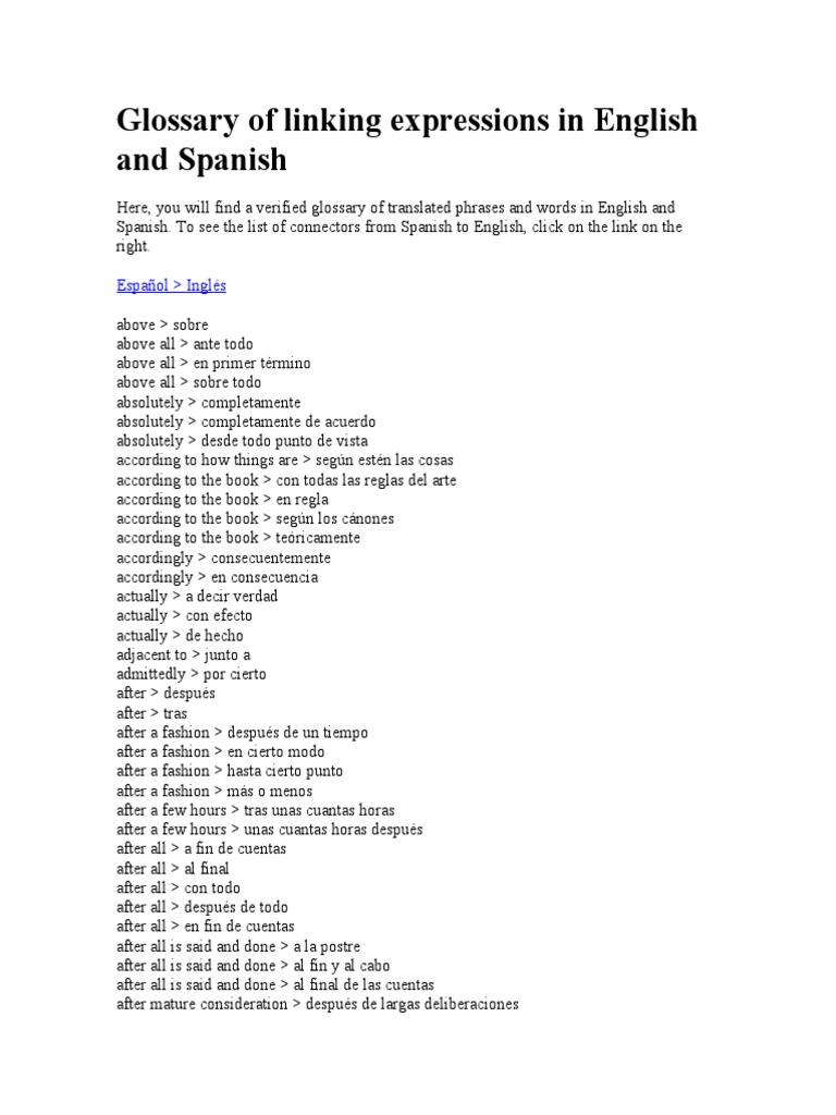 Glossary of Linking Expressions in English and Spanish: Español Inglés ...