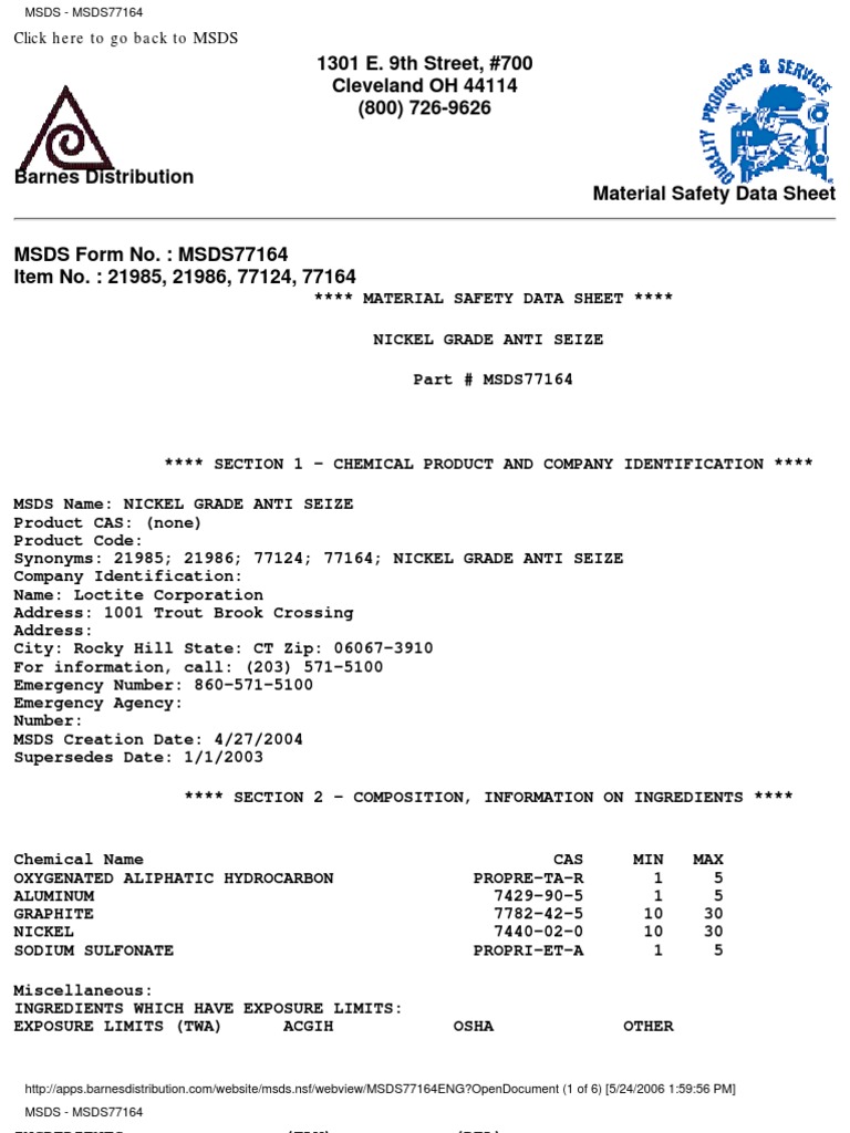 Nickel Anti-Seize MSDS 77164 | PDF | Carbon Dioxide | Sodium