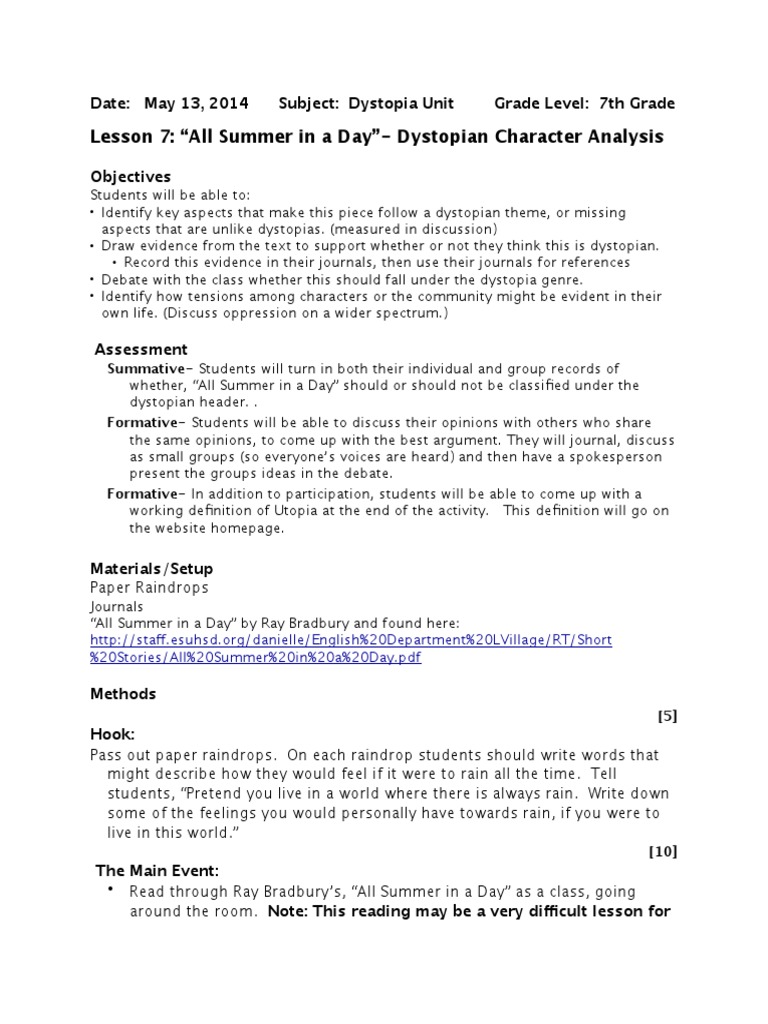 Lesson 7 - All Summer in A Day | PDF | Dystopia | Psychological Concepts