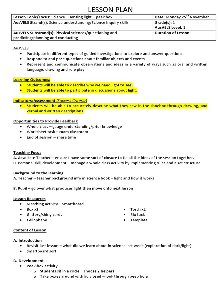 Grade 1 Science: Exploring Light | PDF | Lesson Plan | Science