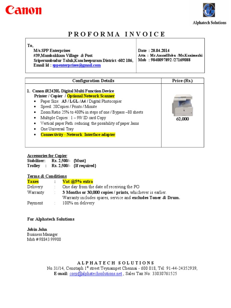 Quotation For Canon IR2420L MFD - SPP Enterprises - 28.04 14 | PDF