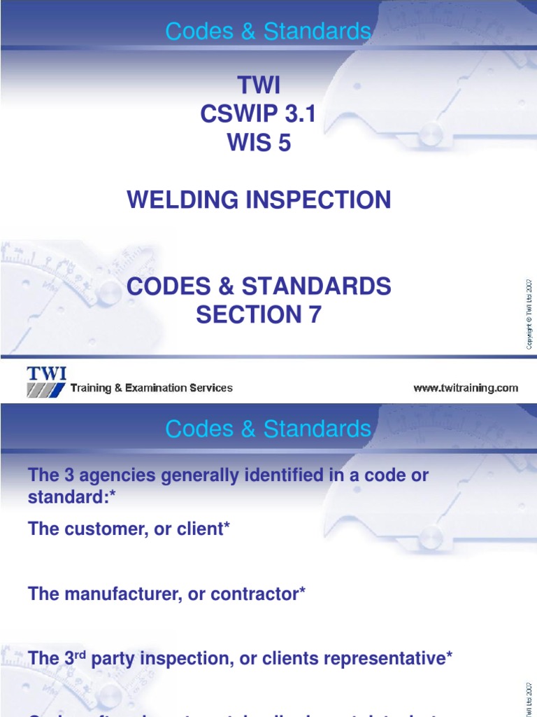 TWI CSWIP 3.1 Wis 5 Welding Inspection: Codes & Standards | PDF