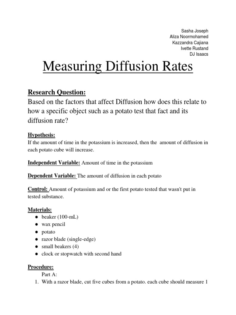 Measuring Diffusion Rates Lab Potatos Pdf Diffusion Potassium