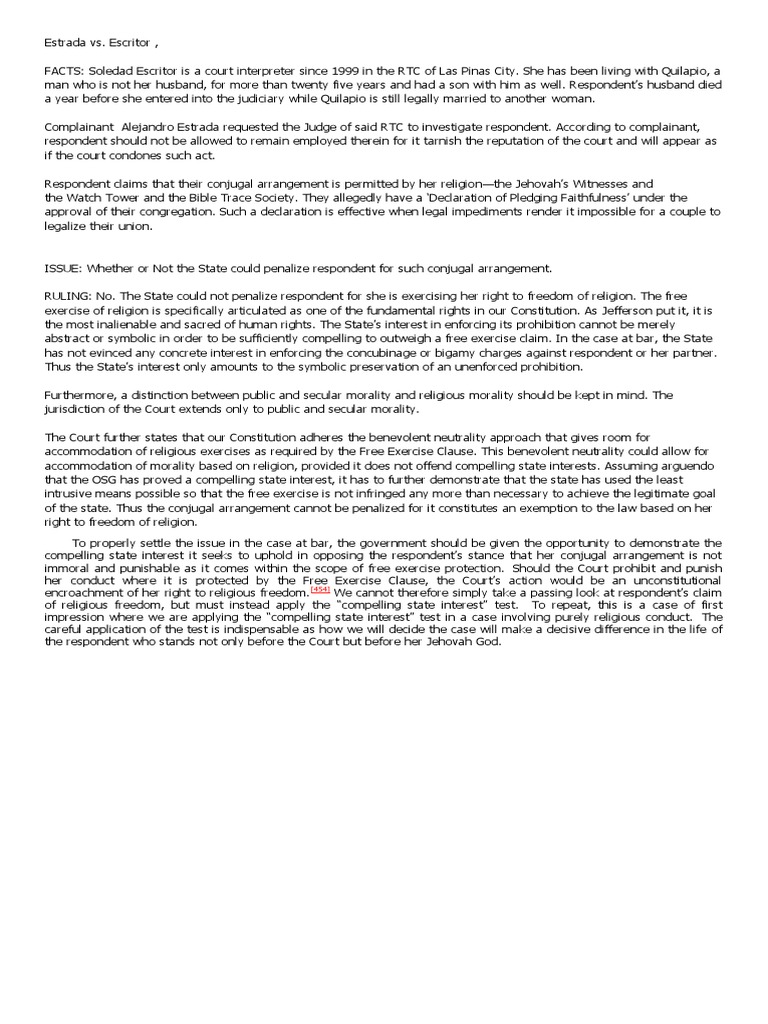 Estrada Vs Escritor | PDF | Free Exercise Clause | Government Information