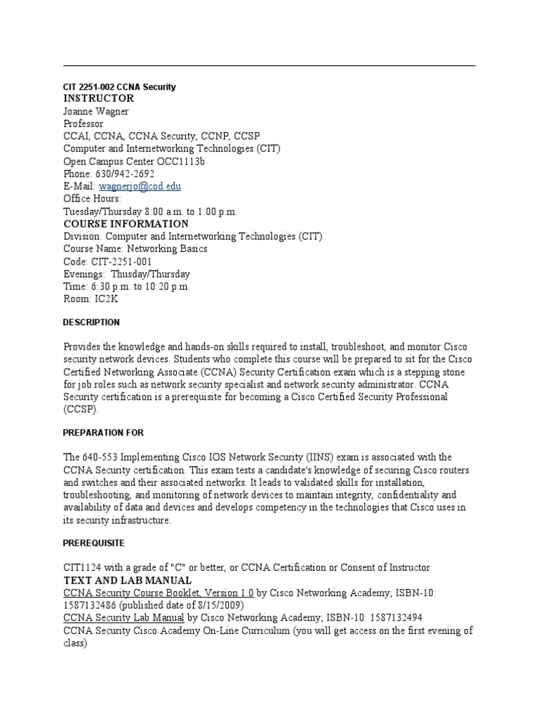 CIT2251 CCNA Security Syllabus | PDF | Cisco Certifications | Security ... CIT2251 CCNA Security Syllabus | PDF | Cisco Certifications | Security ...