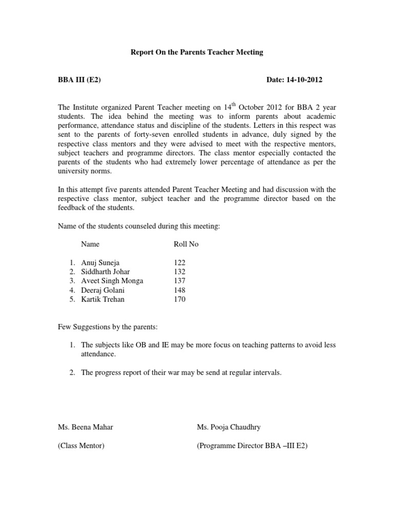 Report On The Parents Teacher Meeting | PDF