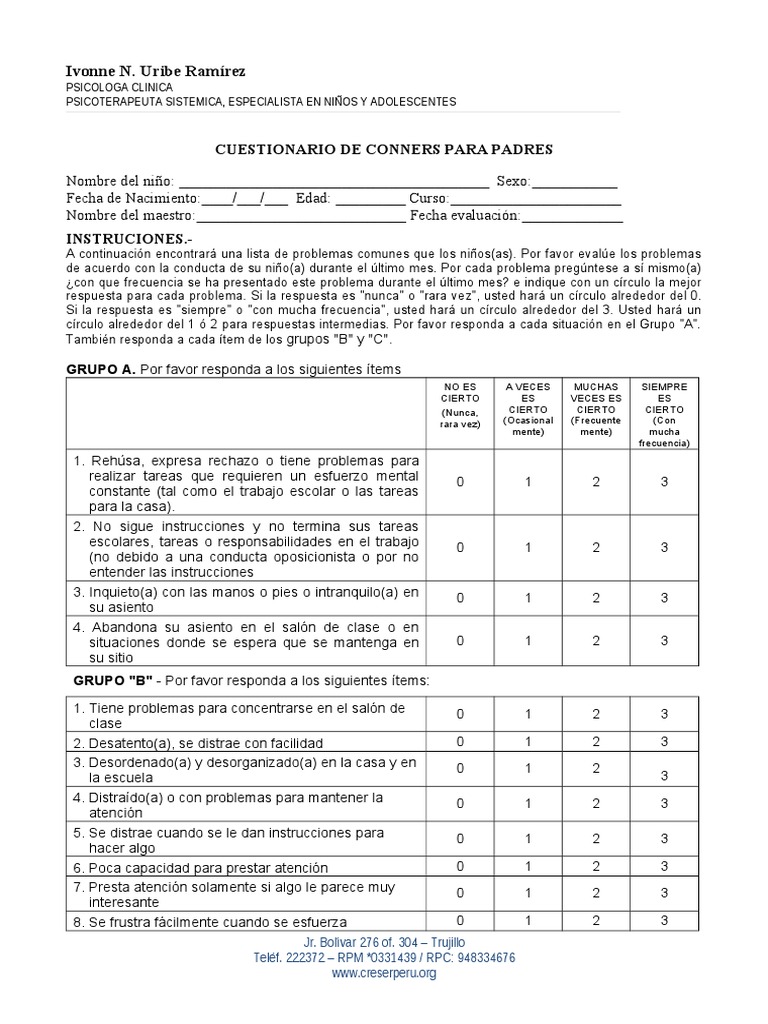 Cuestionario de Conners para Padres | PDF | Sicología | Cognición