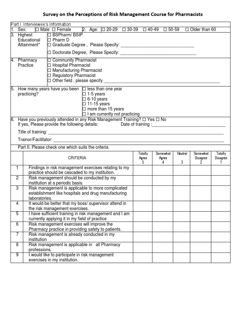 Questionnaire for Risk Management Course | Pharmacy | Risk | Free 30 ...