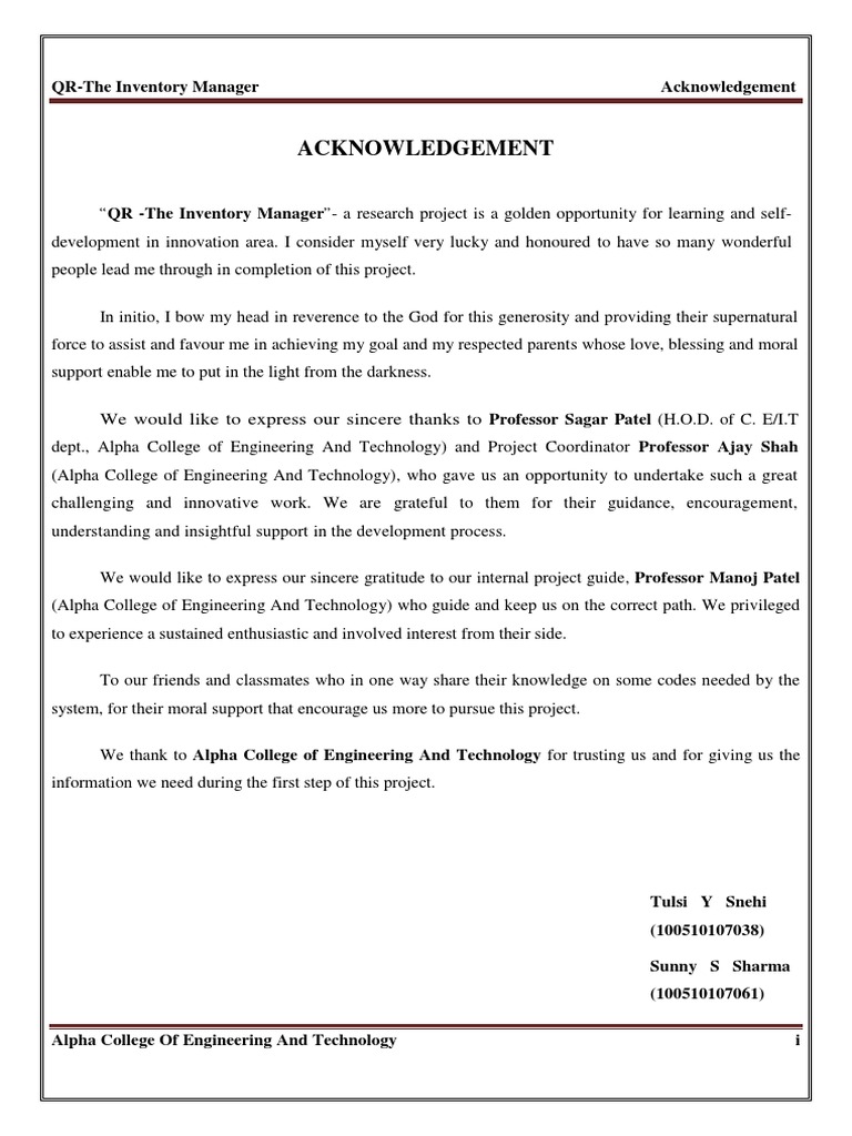 Acknowledgement: QR-The Inventory Manager Acknowledgement | PDF | Net ...