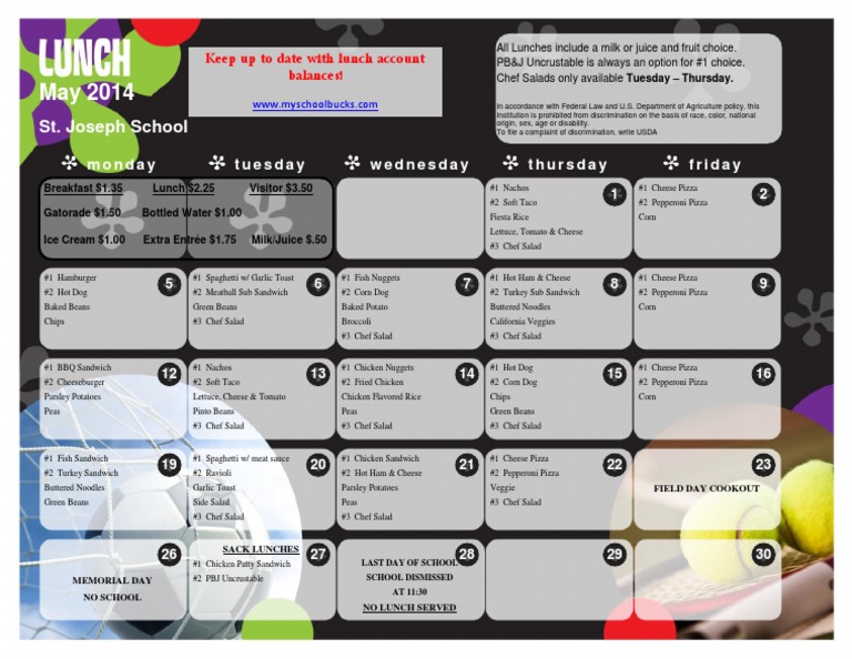 St. Joseph School May 2014 Lunch Menu | PDF
