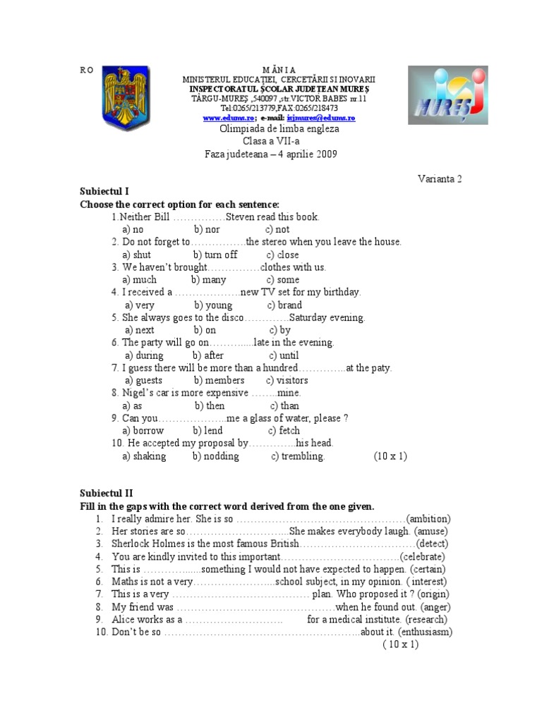 Subiecte Olimpiada Limba Engleza Clasa A 7-A | PDF | Ellipsis | Language Mechanics