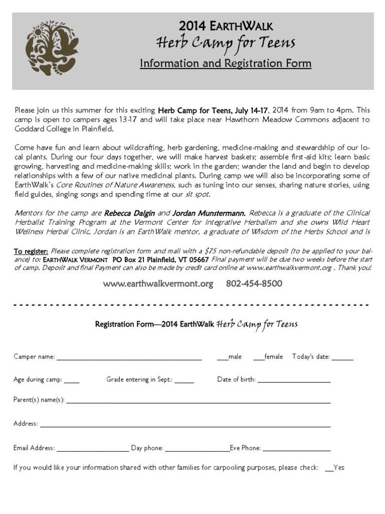 Info Registration Form-2014 Herb Camp For Teens | PDF | Wellness ...