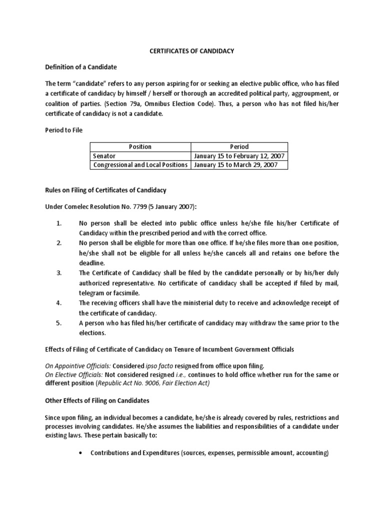 Filing Requirements for Candidacy | PDF | Commission On Elections ...