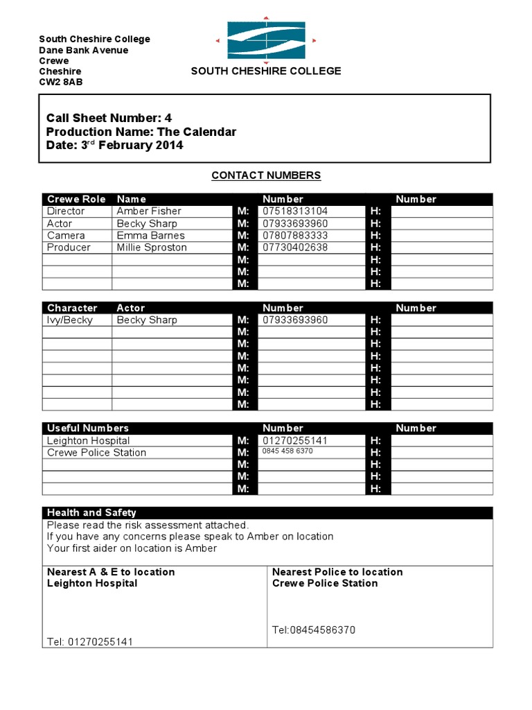 South Cheshire College Call Sheet | PDF