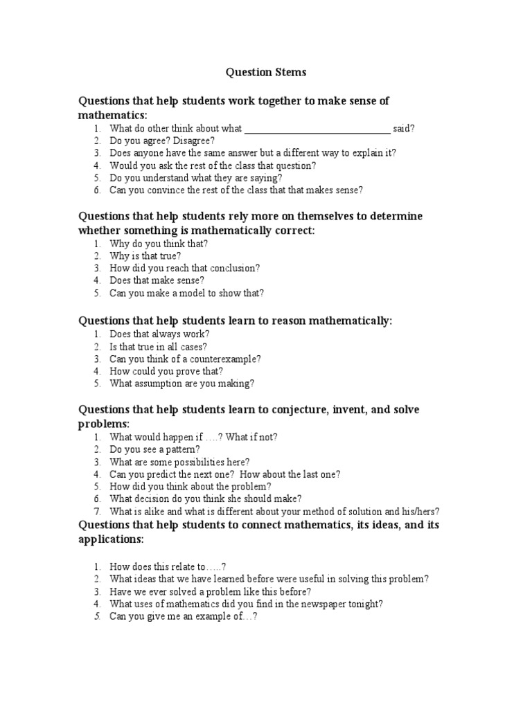 Effective Math Question Stems for Students | PDF | Career & Growth